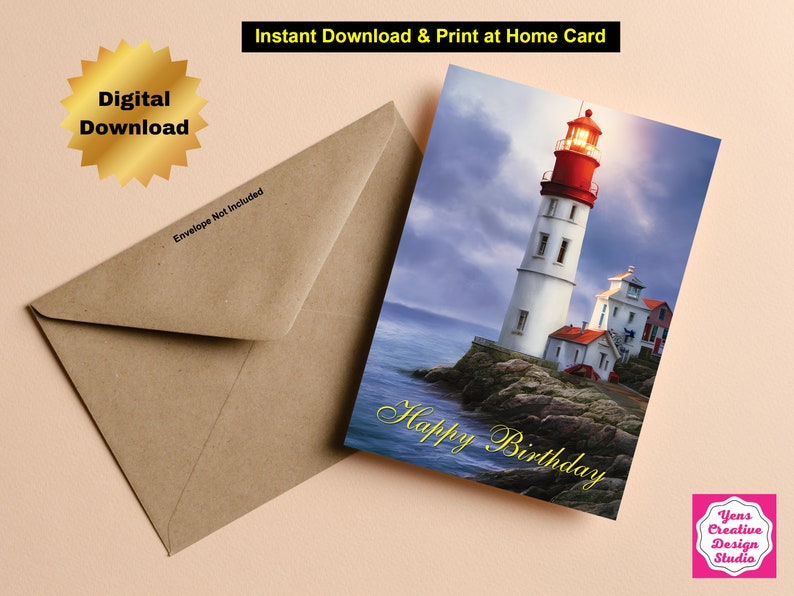 Printable Birthday Card 7x5 Inch Lighthouse Birthday Card Downloadable ...