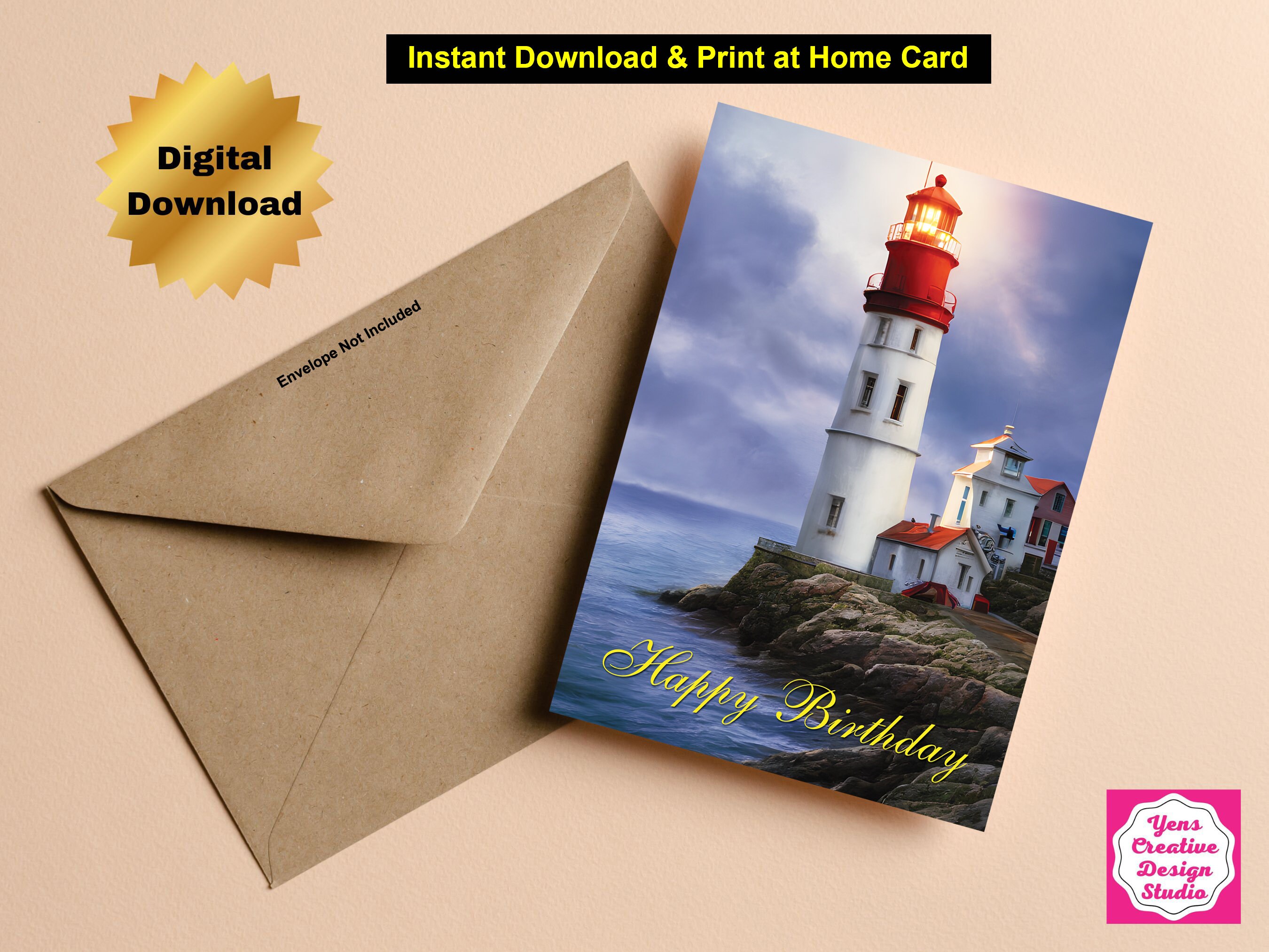 Printable Birthday Card 7x5 Inch Lighthouse Birthday Card Downloadable ...