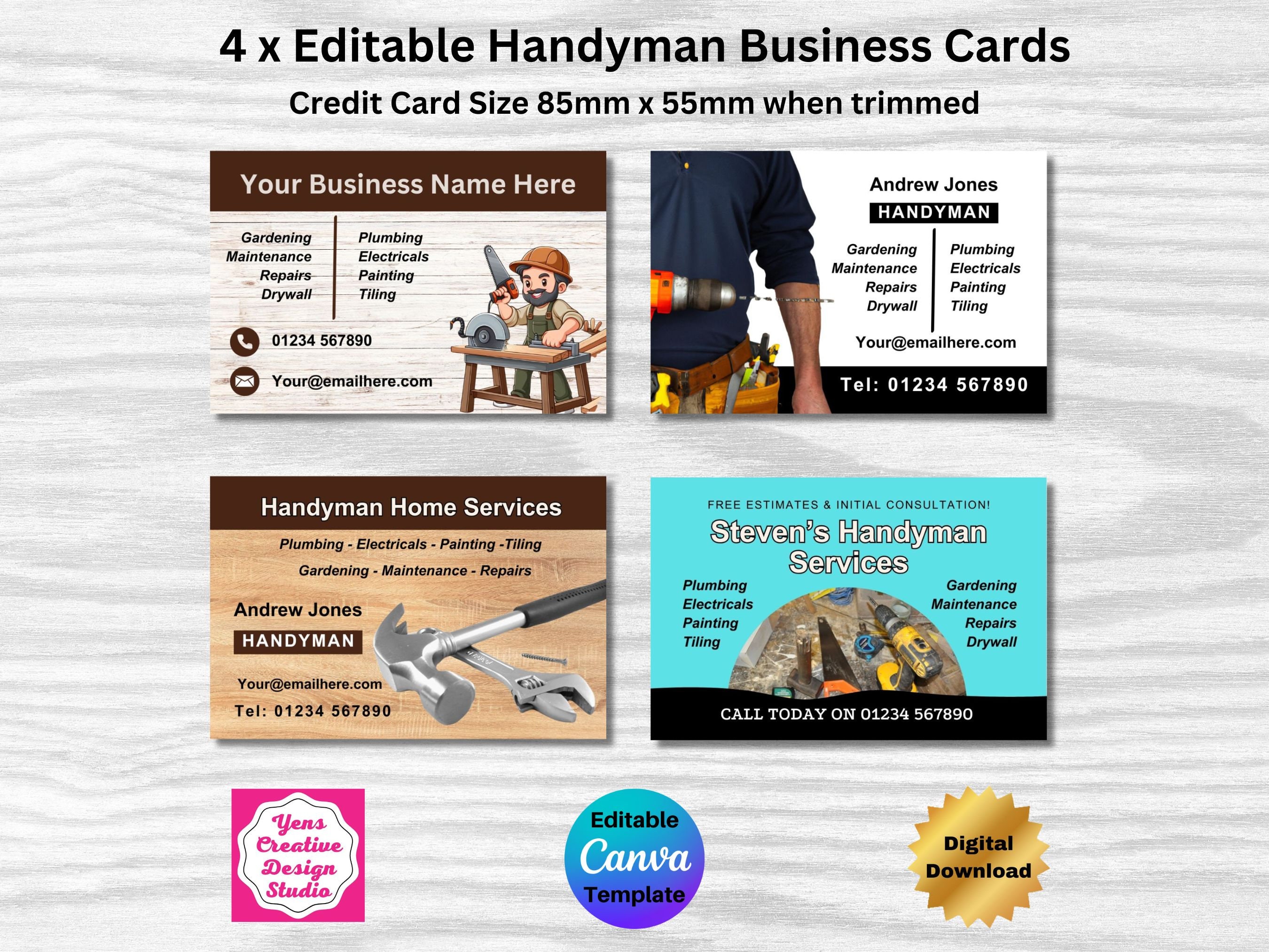 4 X Handyman Business Cards Editable Canva Template Design Handyman ...