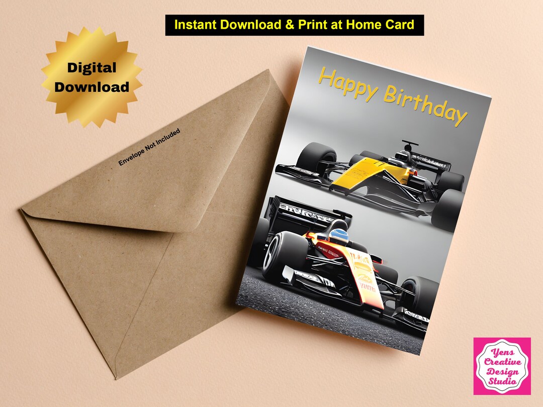 Printable Birthday Card 7x5 Inch Racing Car Birthday Card Downloadable ...