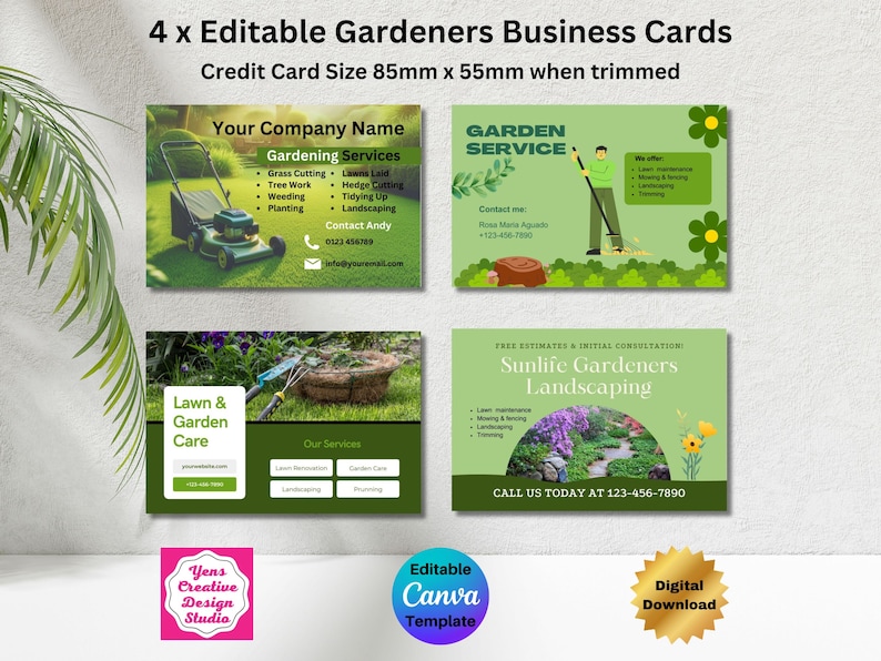 4 X Gardening Services Business Cards Editable Canva Template Designs ...