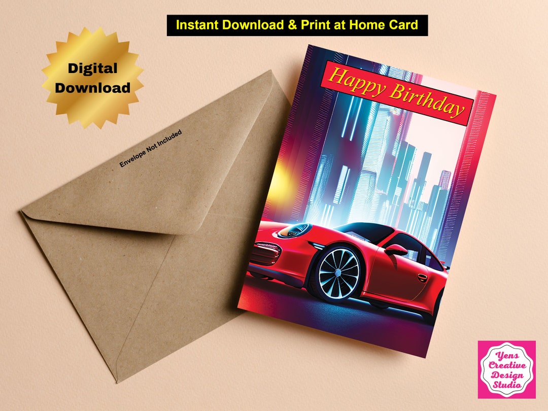 Printable Birthday Card 7x5 Inch Porsche 911 Birthday Card Downloadable ...