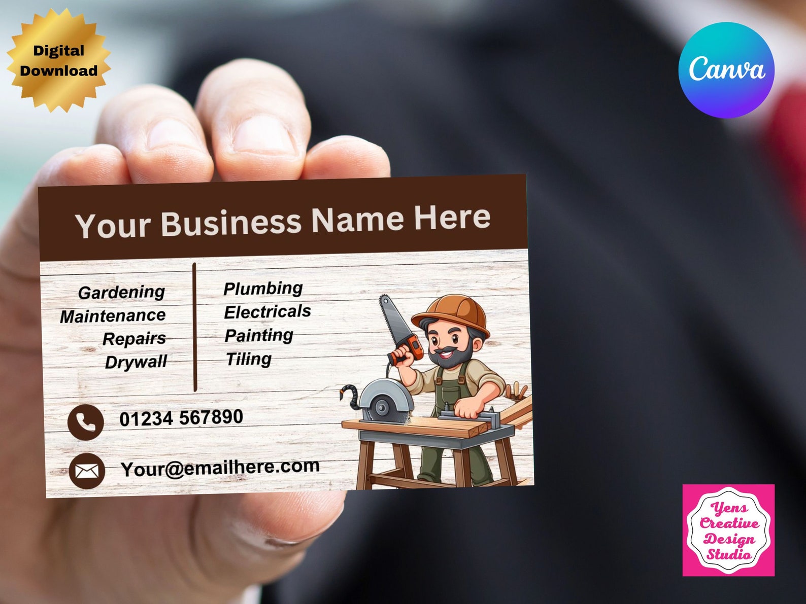 4 X Handyman Business Cards Editable Canva Template Design Handyman ...