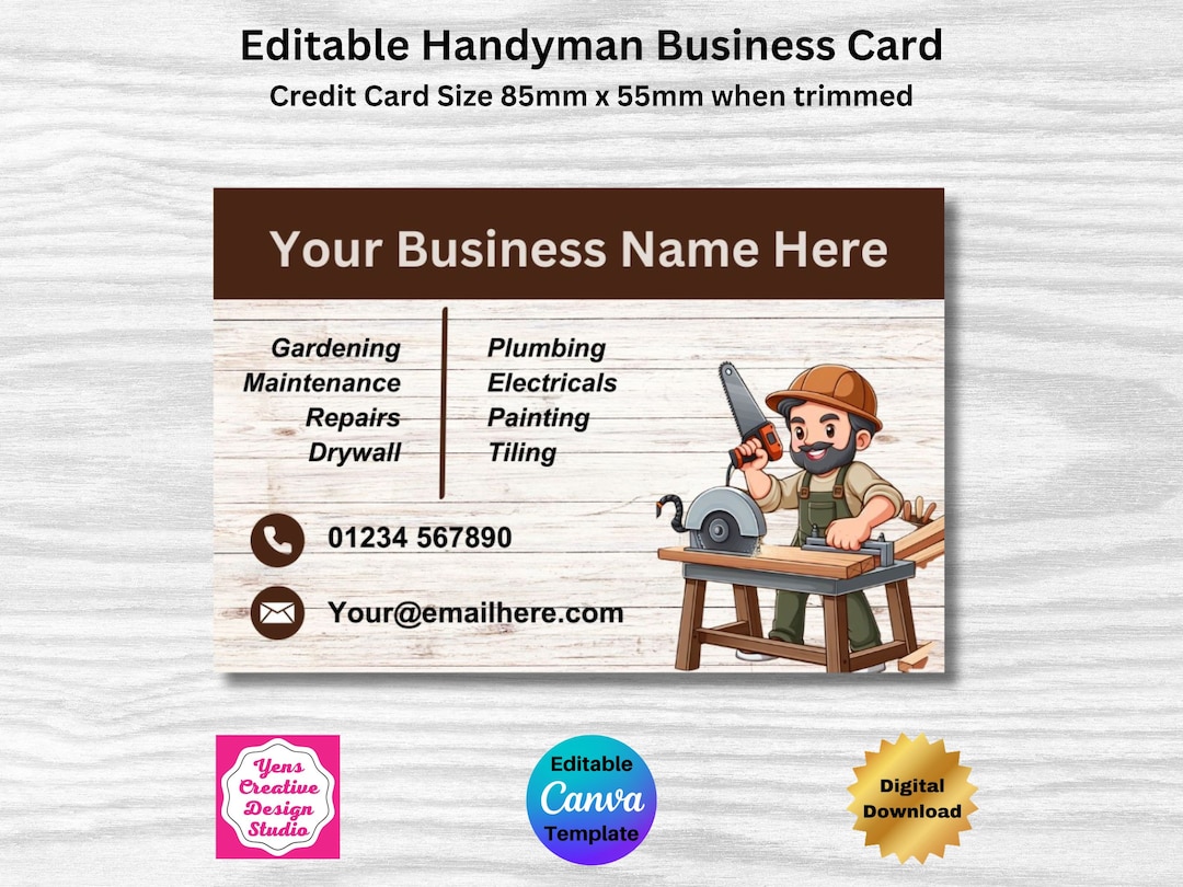 Handyman Business Card Editable Canva Template Design Handyman Business ...