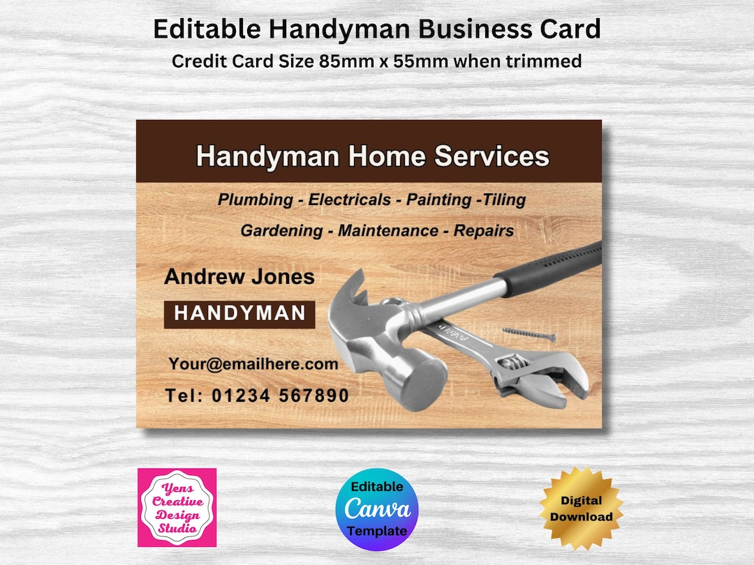 Handyman Business Card Editable Canva Template Design Handyman Business Card Including a Free ...
