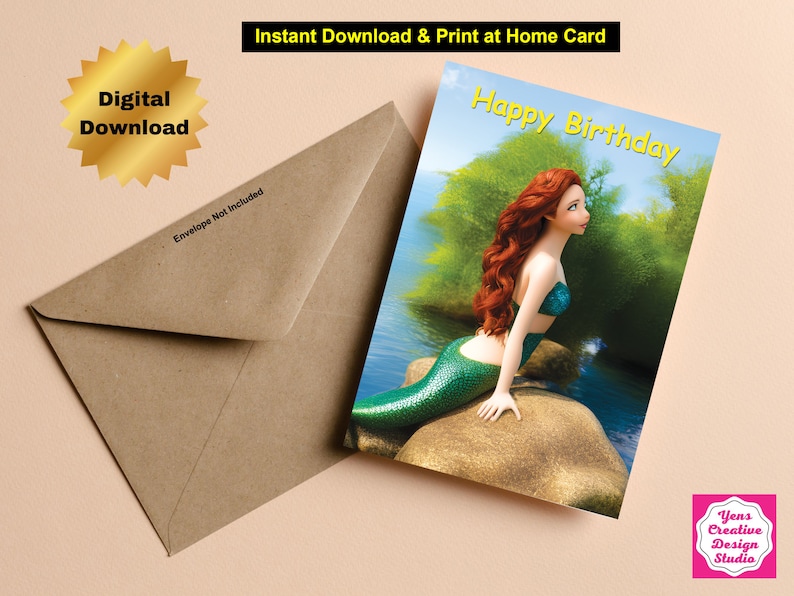 Printable Birthday Card 7x5 Inch Mermaid Birthday Card Downloadable ...