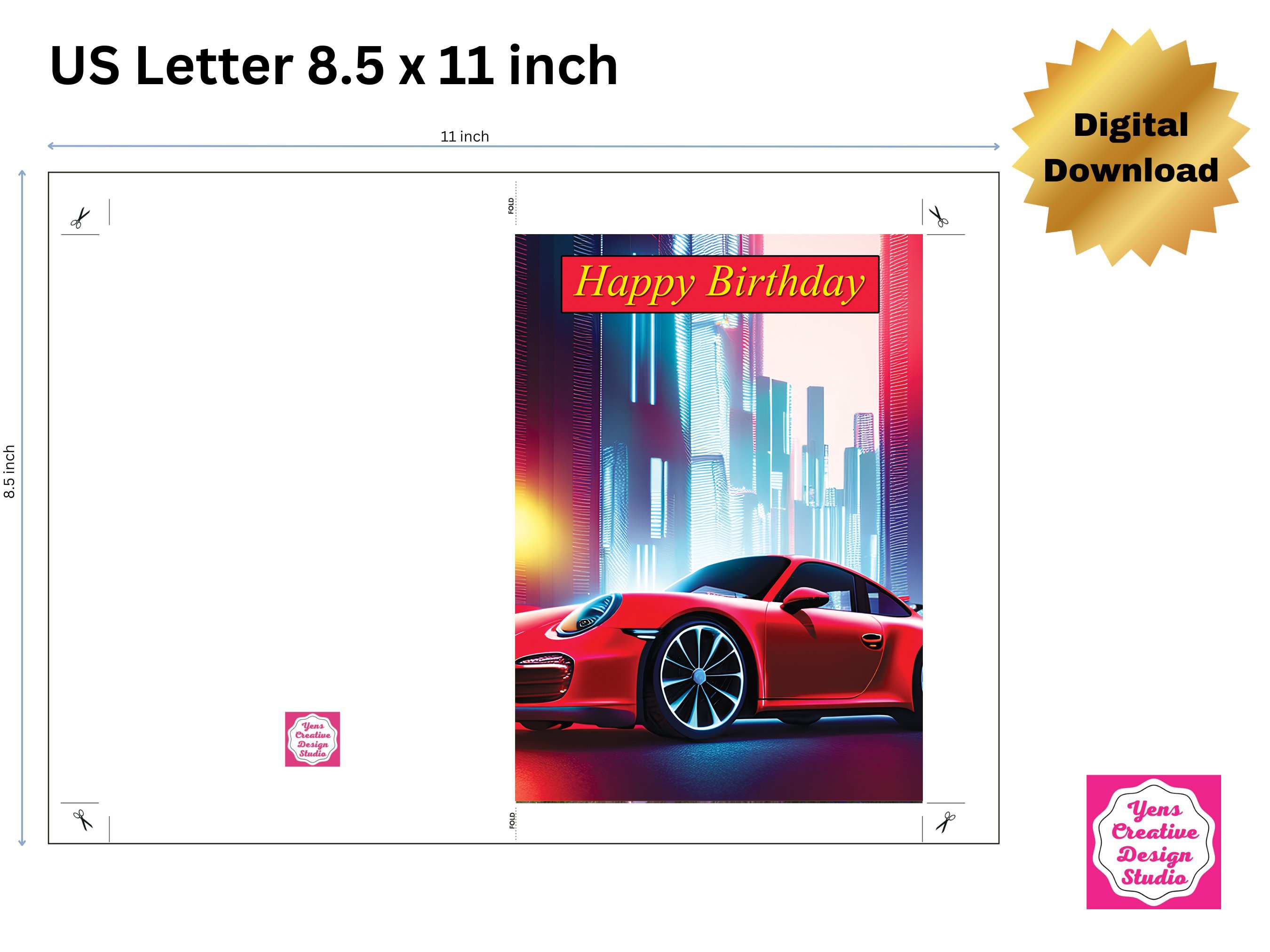 Printable Birthday Card 7x5 Inch Porsche 911 Birthday Card Downloadable ...
