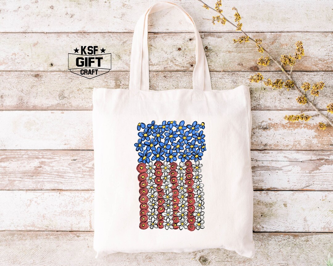 Patriotic Floral Flag Tote Bag, USA Flag Totes, USA Tote Bag, Happy 4th ...