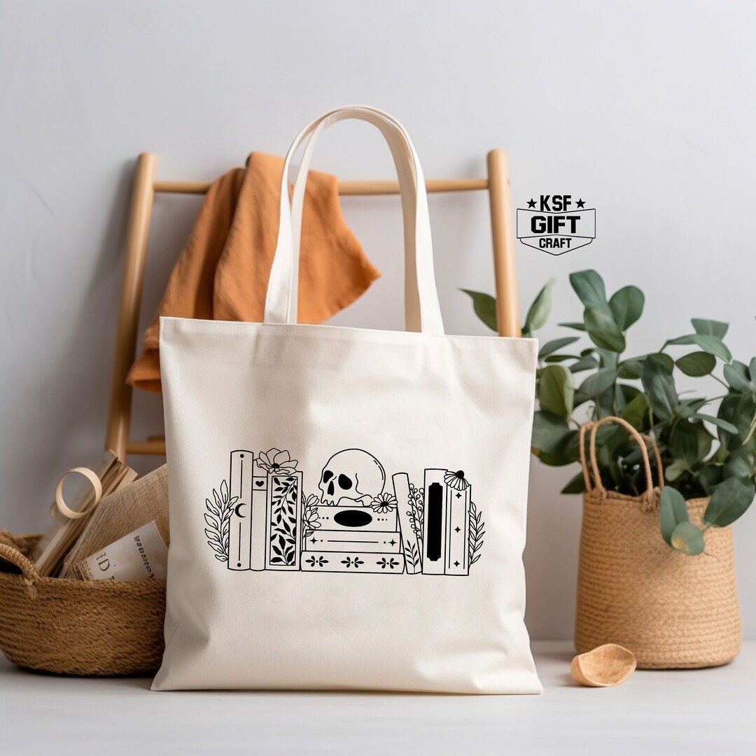 Skeleton Reader Tote Bag, Book Lovers Totes, Horror Book Bag, Librarian ...