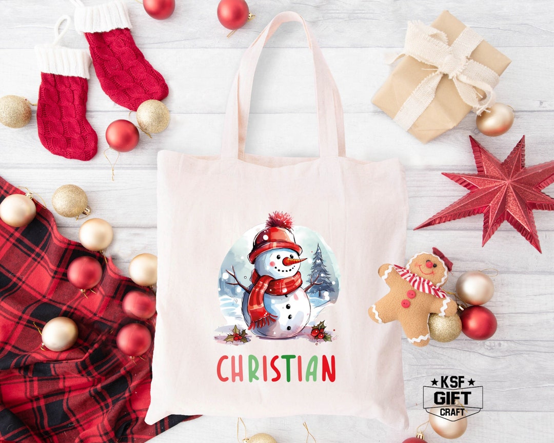 Snowman Christmas Tote Bag, Custom Nane Kids Tote, Christmas Gift Tote ...