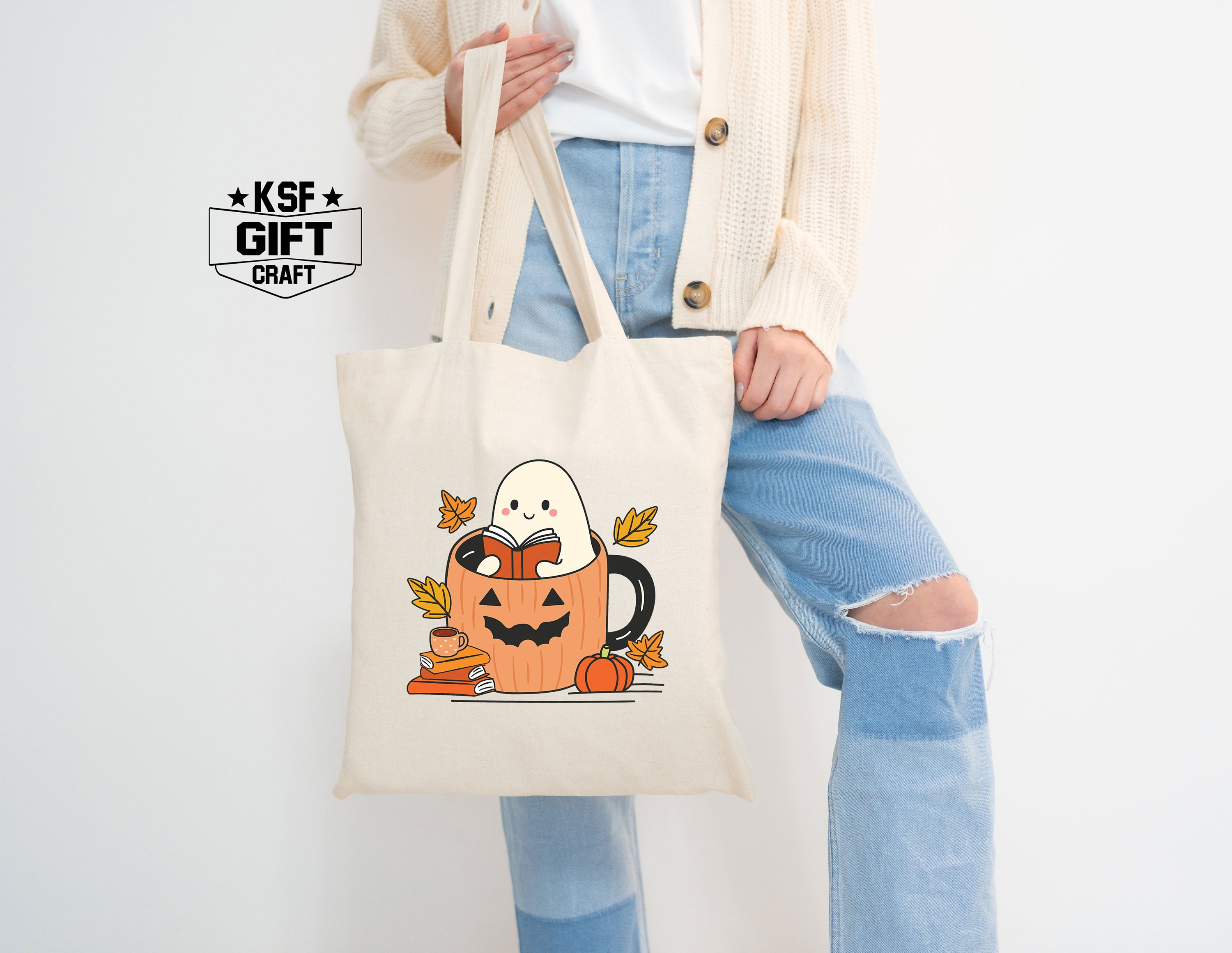 Halloween Bookish Ghost Tote Bag, Reading Ghost Pumpkin Totes - Etsy