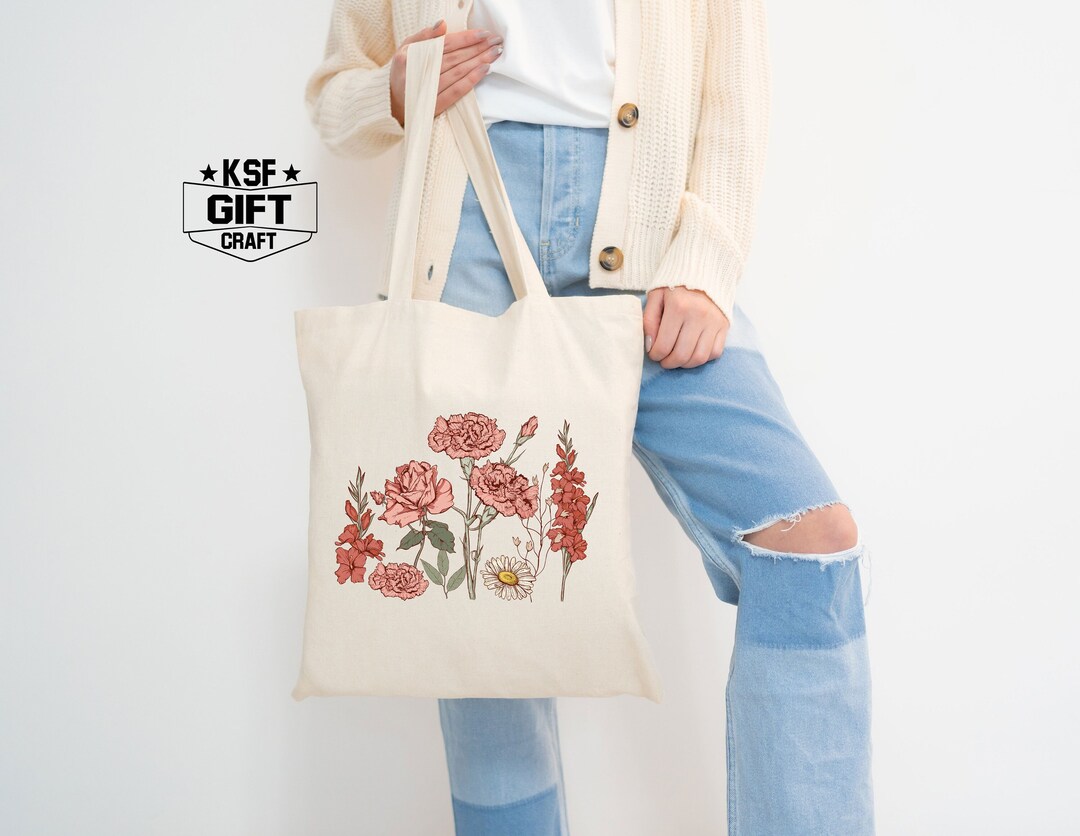 Red Wildflower Tote, Cotton Tote Bag, Botanical Floral Tote, Trendy ...