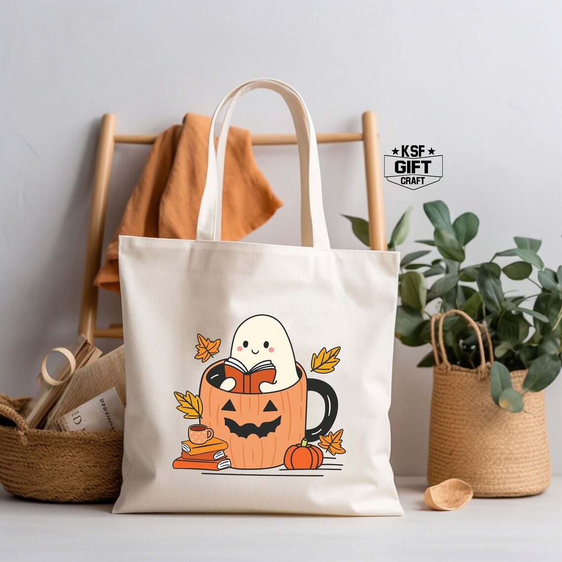 Halloween Bookish Ghost Tote Bag, Reading Ghost Pumpkin Totes - Etsy