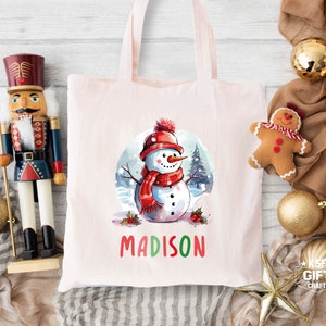 Snowman Christmas Tote Bag, Custom Nane Kids Tote, Christmas Gift Tote ...