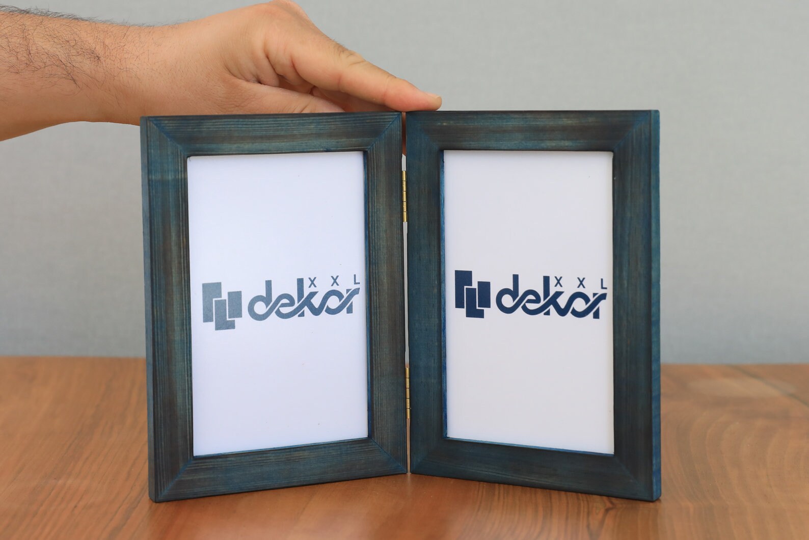 Hinged Double Burnt Wood Picture Frame Blue Painted and Burned Natural ...