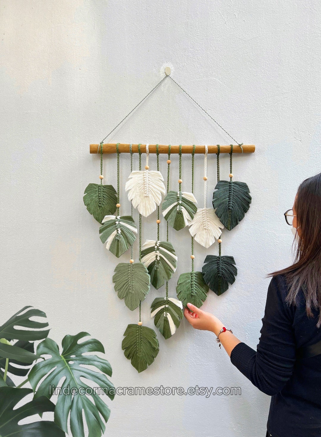 Monstera Macrame Leaves Handmade Wall Decor, Green Monstera Leaf Wall ...