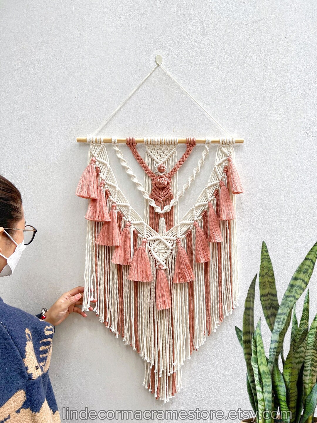 Medium Blush Pink Macrame Wall Hanging, Macrame Wall Art, Colored Multi tassel Boho Wall Decor ...