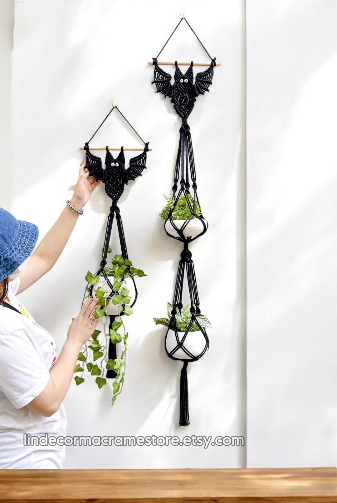 2 Tier Bat Plant Hanger, Macrame Bat Wall Decor, Boho Bat Plant Holder ...