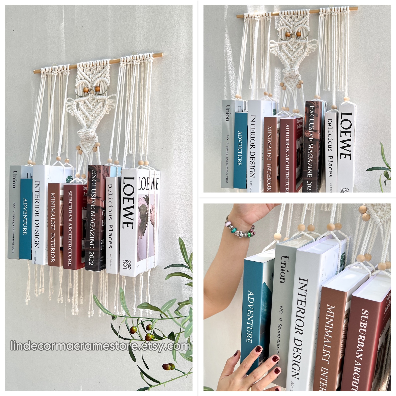 Owl Hanging Bookshelf, Macrame Book Holder, Owl Handmade Book Storage Organizer, Boho Hanging ...