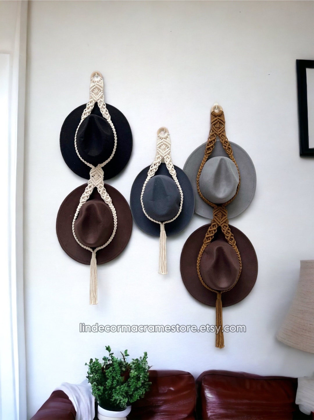 Farmhouse Double Hat Hangers, Macrame Hat Holder, Straw Hat Rack, Boho ...