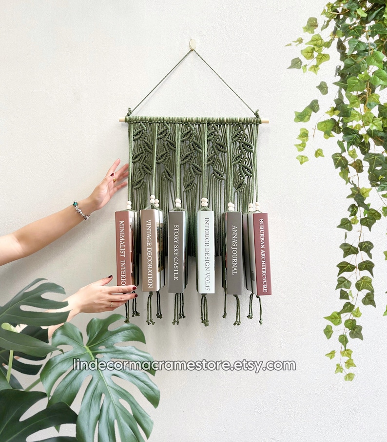 Macrame Hanging Bookshelf, Leaf Hanging Book Holder, Book Storage ...