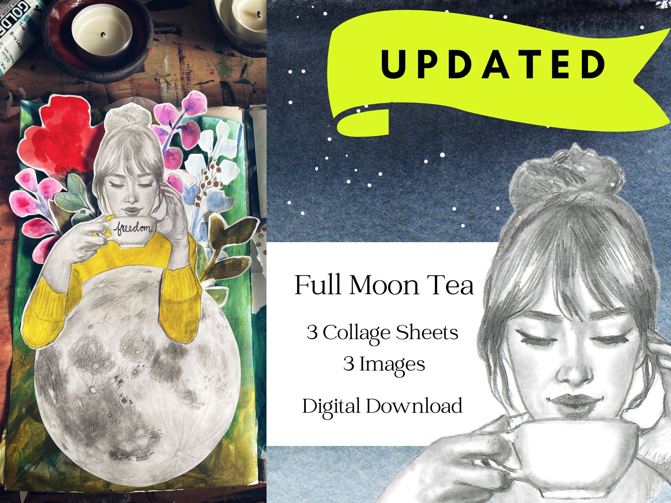 Full Moon Tea Collage Sheet, Digital Download, Full Moon Art Ritual ...