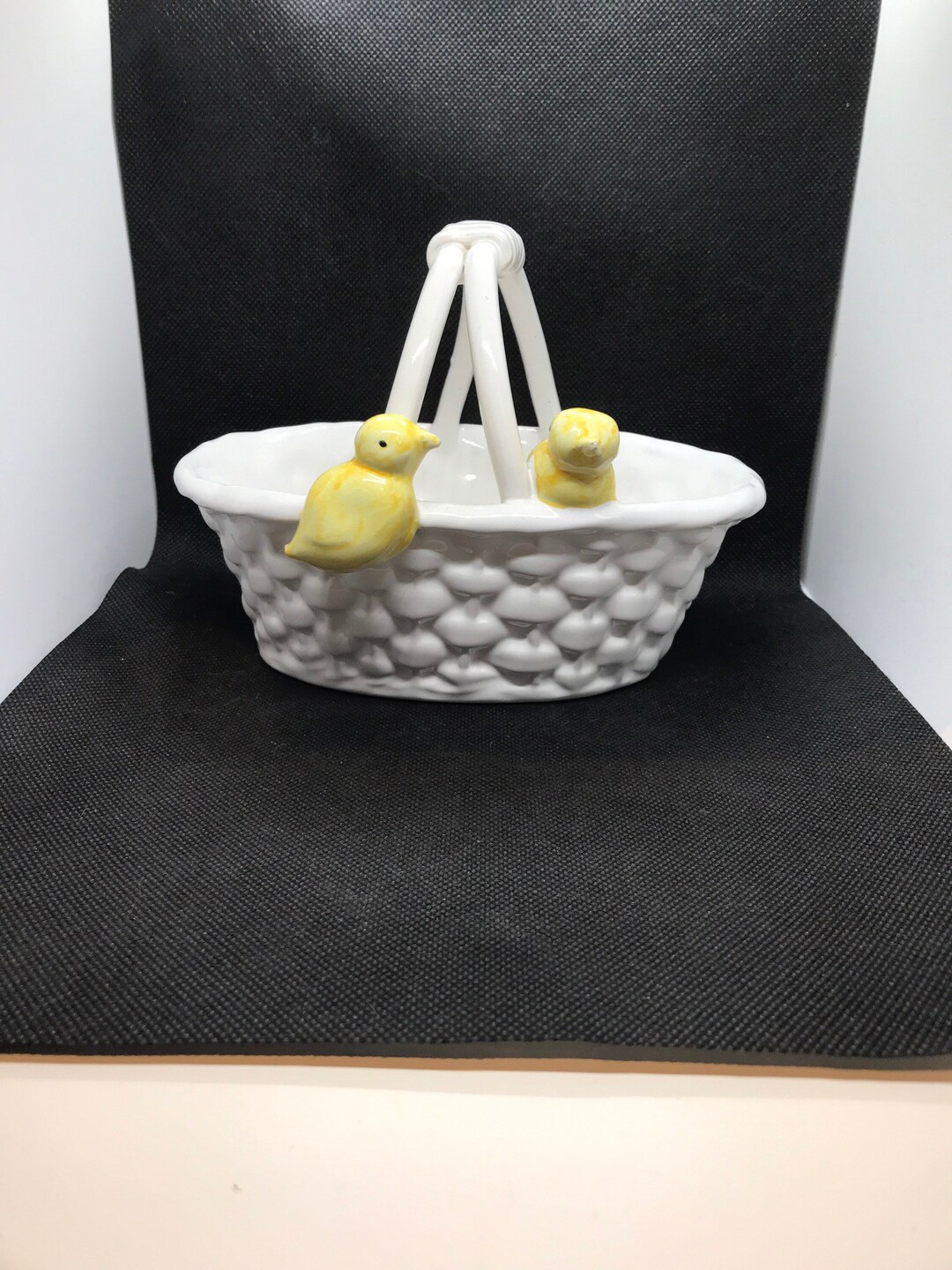 Vintage Portuguese Ceramic Yellow Bird Basket; White Handled Basket ...