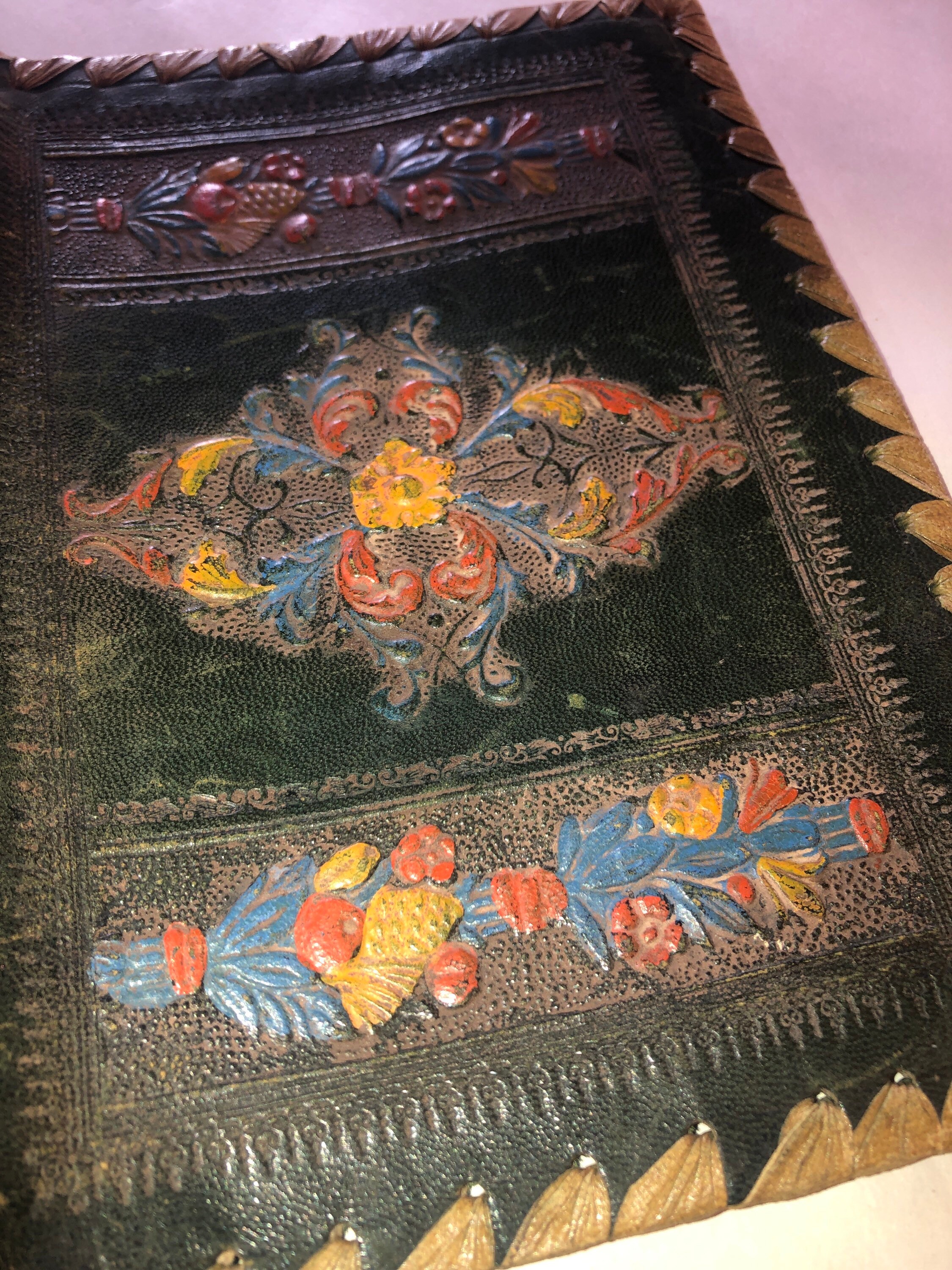 Antique Italian Leather Book Cover, Hand Painted Leather Italian Book ...