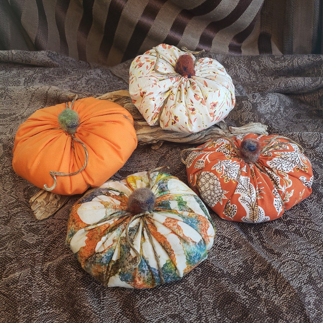 Mini Fall Pumpkins Hand Sewn Multi Pattern Orange and White Set of 4 ...