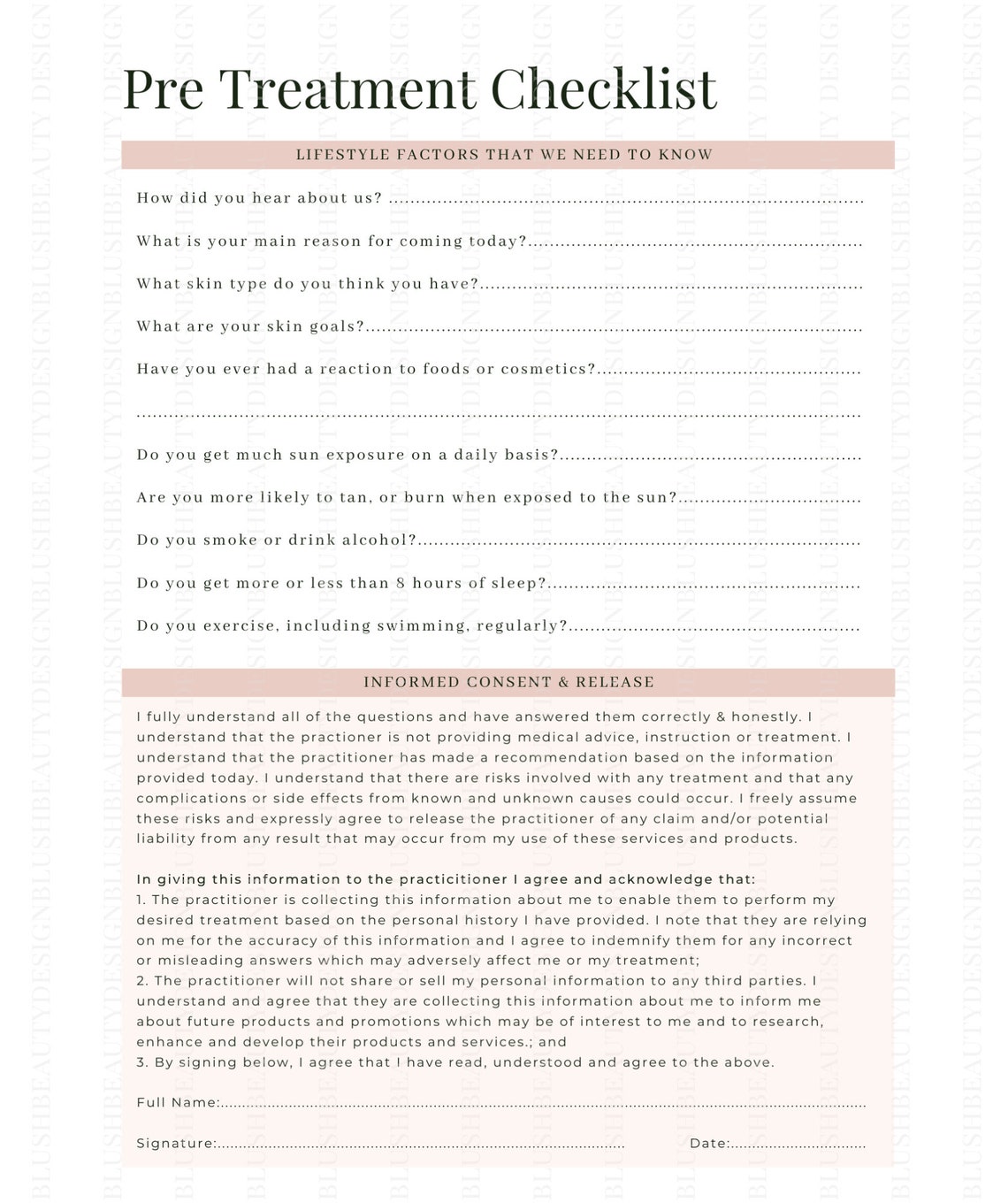 Beauty Salon Client Consultation & Consent Form, Esthetician Consent ...