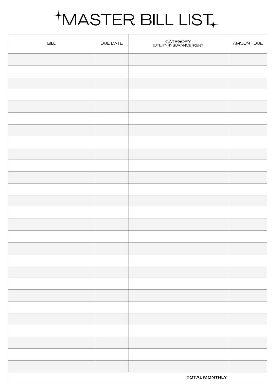 Master Bill List *digital Download* - Etsy