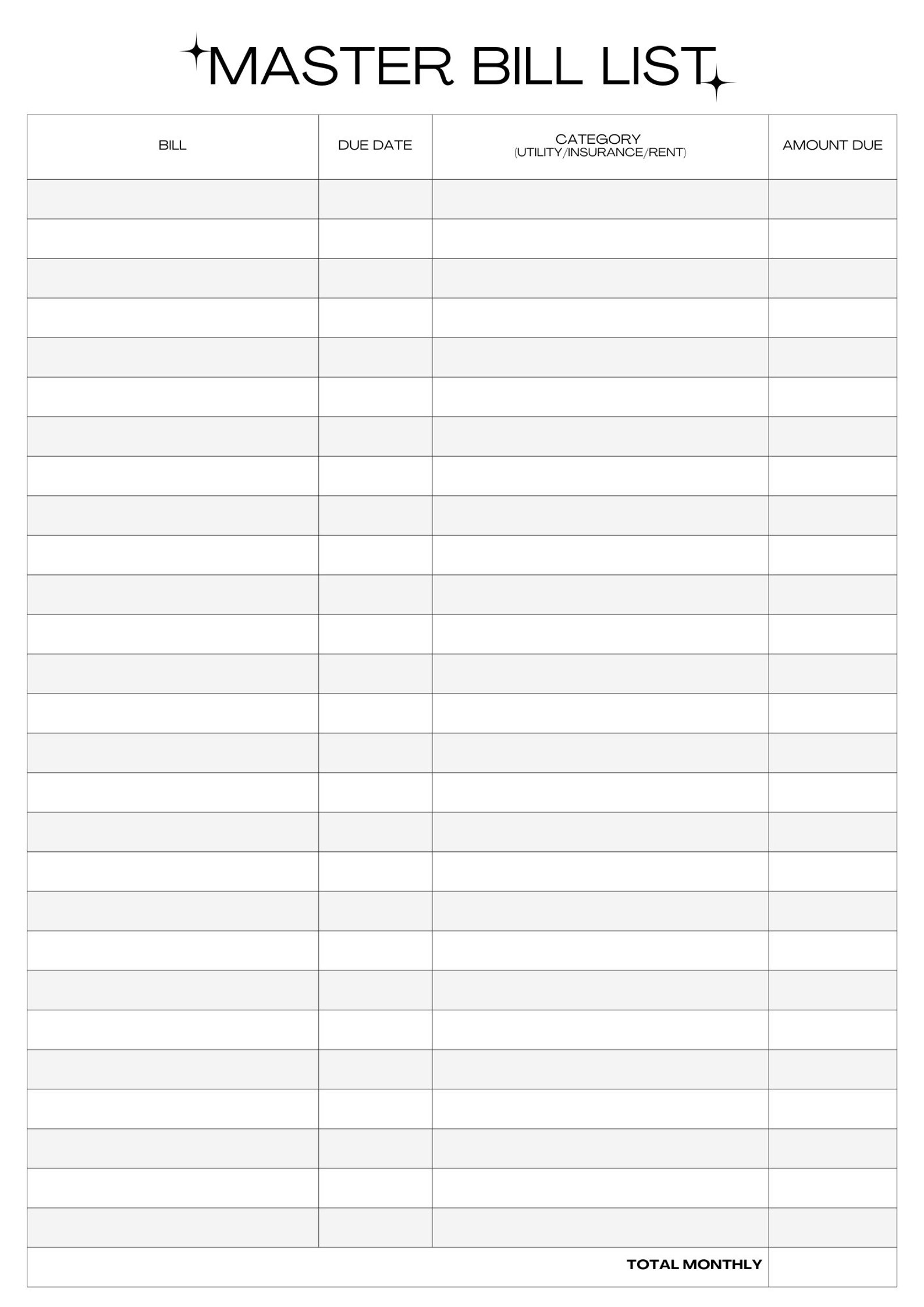 Master Bill List *digital Download* - Etsy