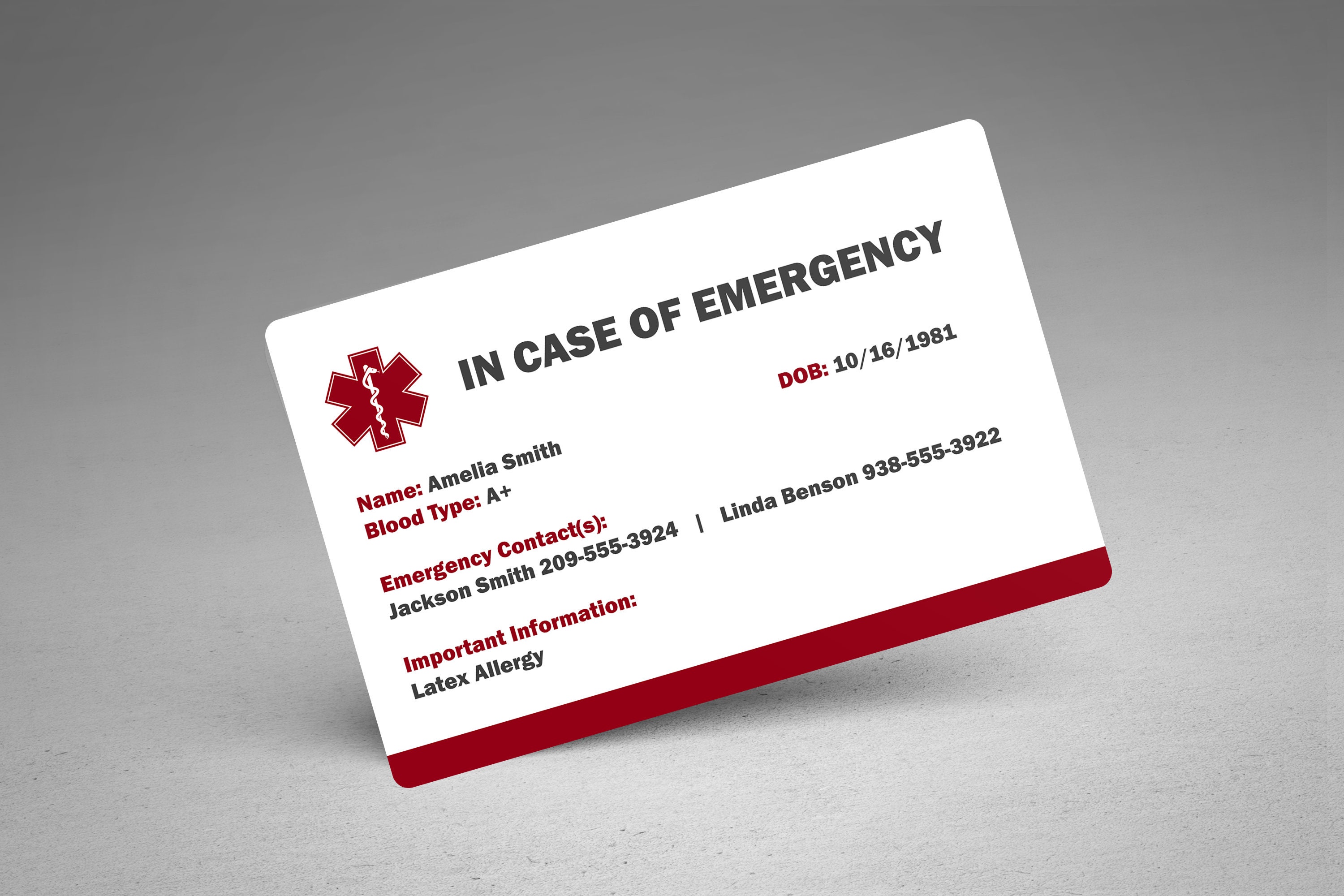 In Case of Emergency Card for Wallet, I.C.E. Card, Emergency Card, Medical Alert, Medical Alert ...