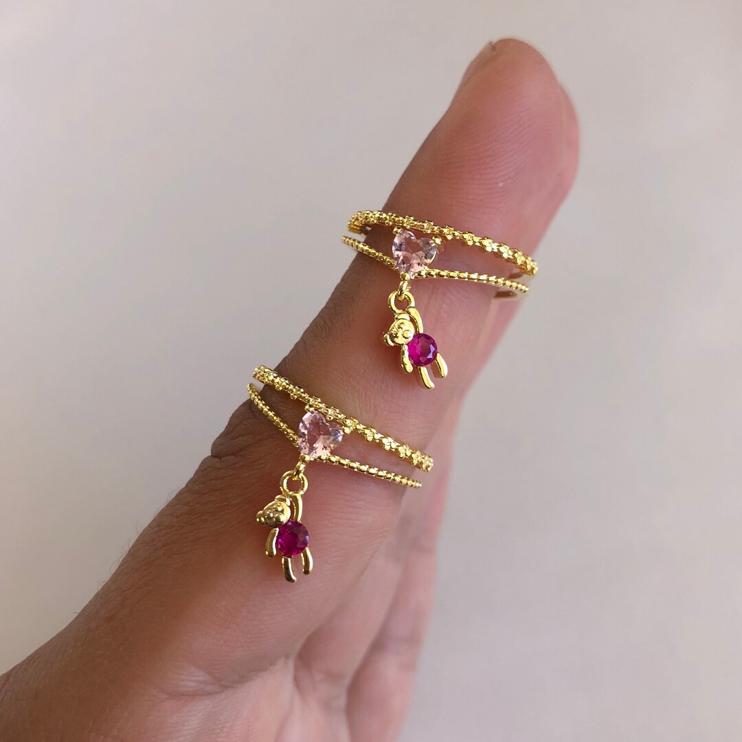 Adorable Bear Heart Balloon Adjustable Ring, 14kt Gold, Dainty Cute ...