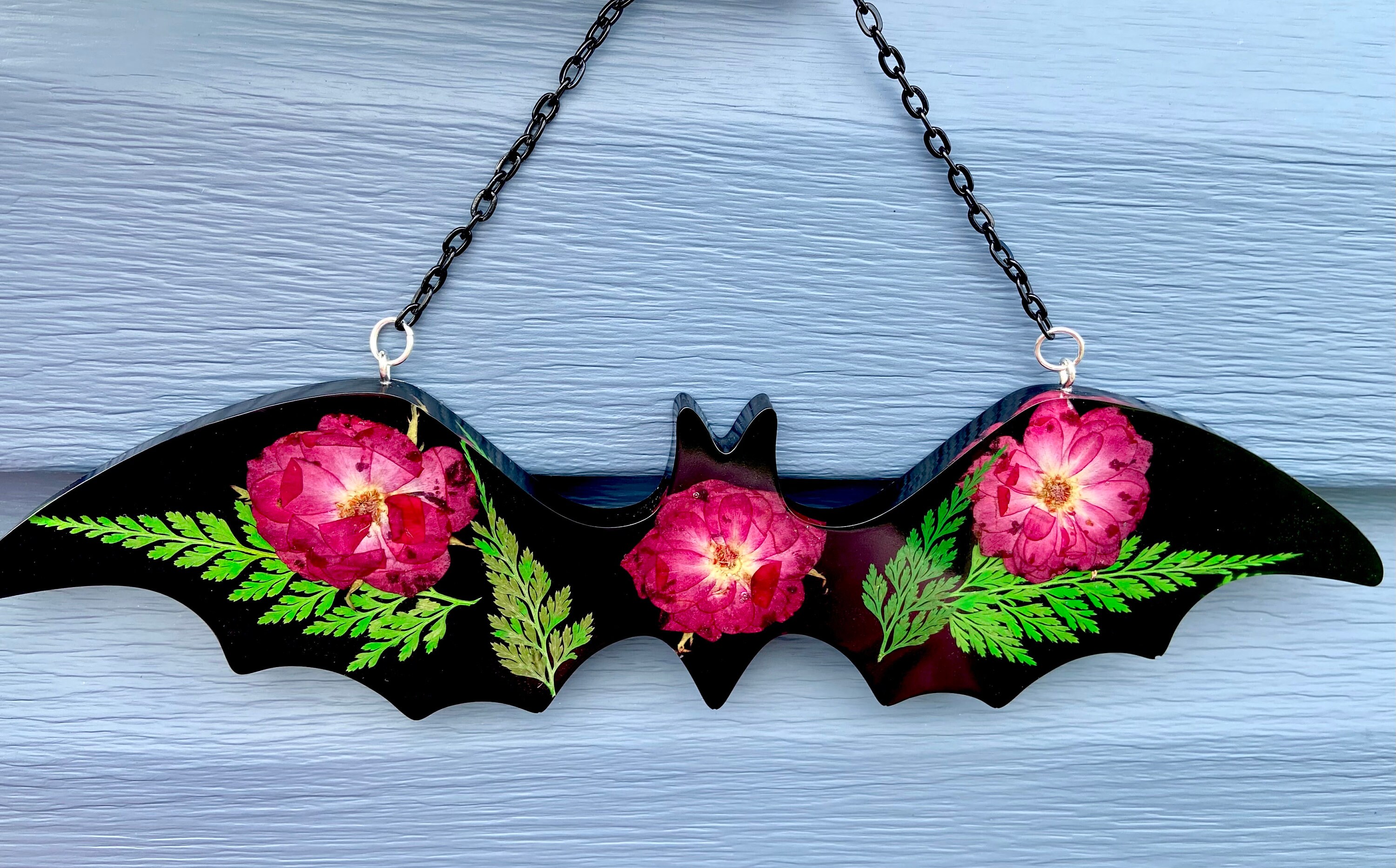 Black Bat Wall Hanger ~ Red Rose Bat Mooncatcher ~ Real Red Roses and Ferns