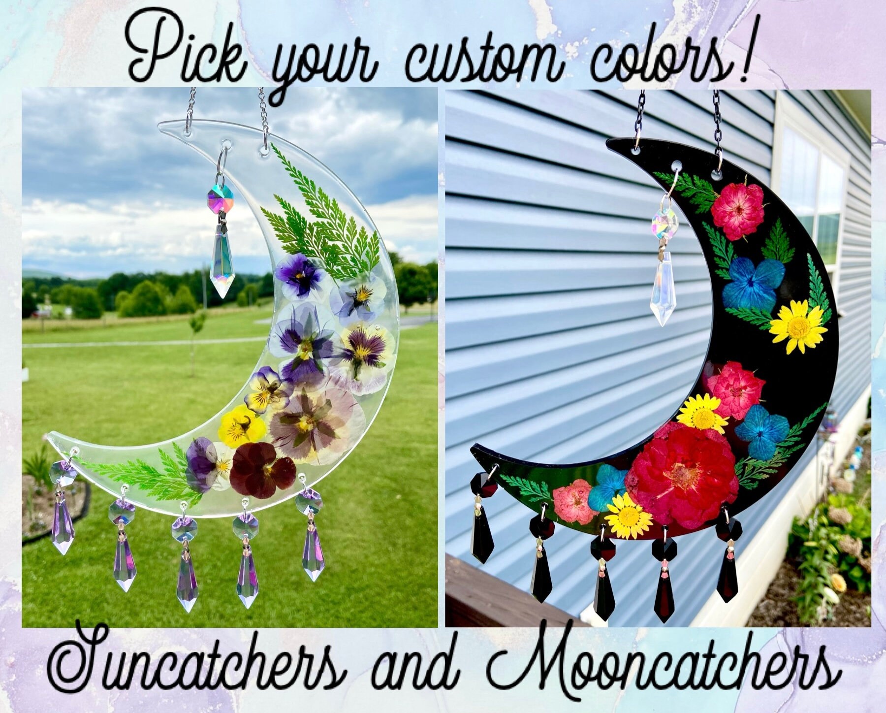 Custom Crescent Moon Crystal Suncatcher ~ Mooncatcher ~ Colorful Floral ...