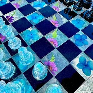 Blue & Purple Floral Chess Board ~ Flower Chess Board Set ~ Real Flower ...
