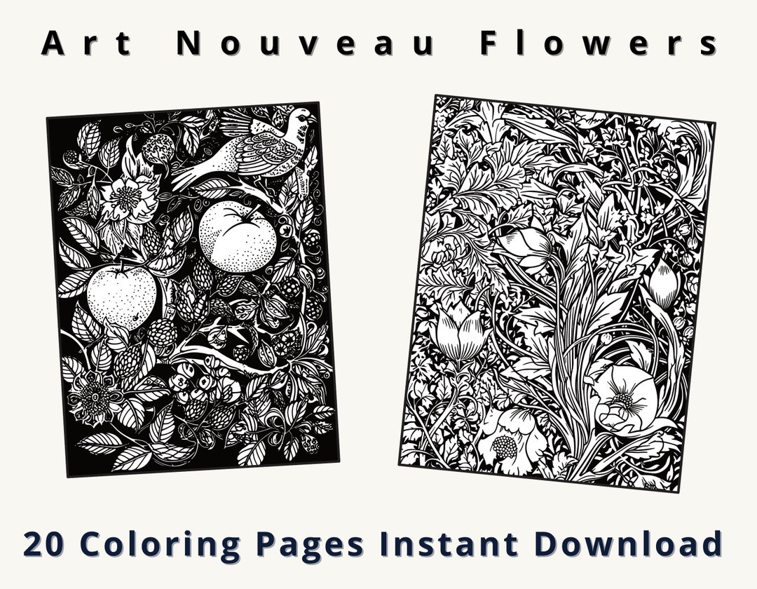 20 Art Nouveau Flowers Coloring Pages Set 1| Adult's Coloring Book ...