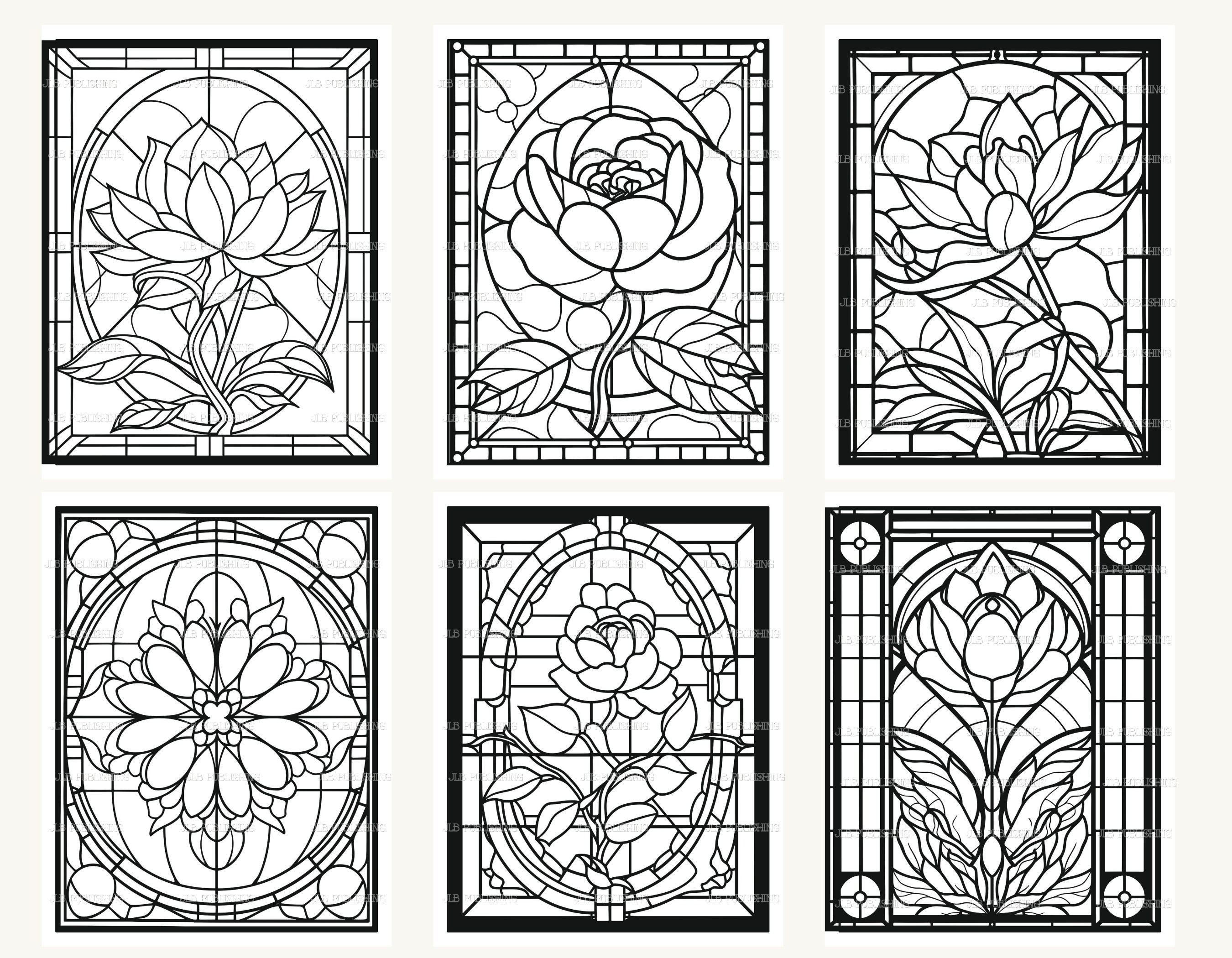 20 Stain Glass Flowers Set 1 Coloring Pages Adult Coloring Book ...