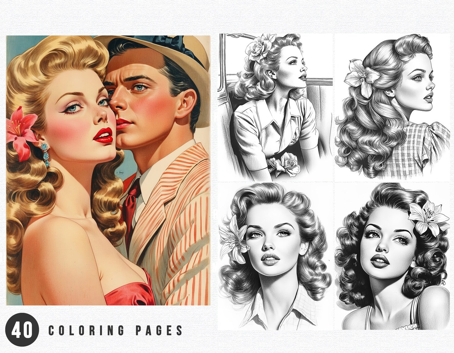 1940s Fashion Glamour Coloring Pages | Adult Kid Coloring Book Download ...