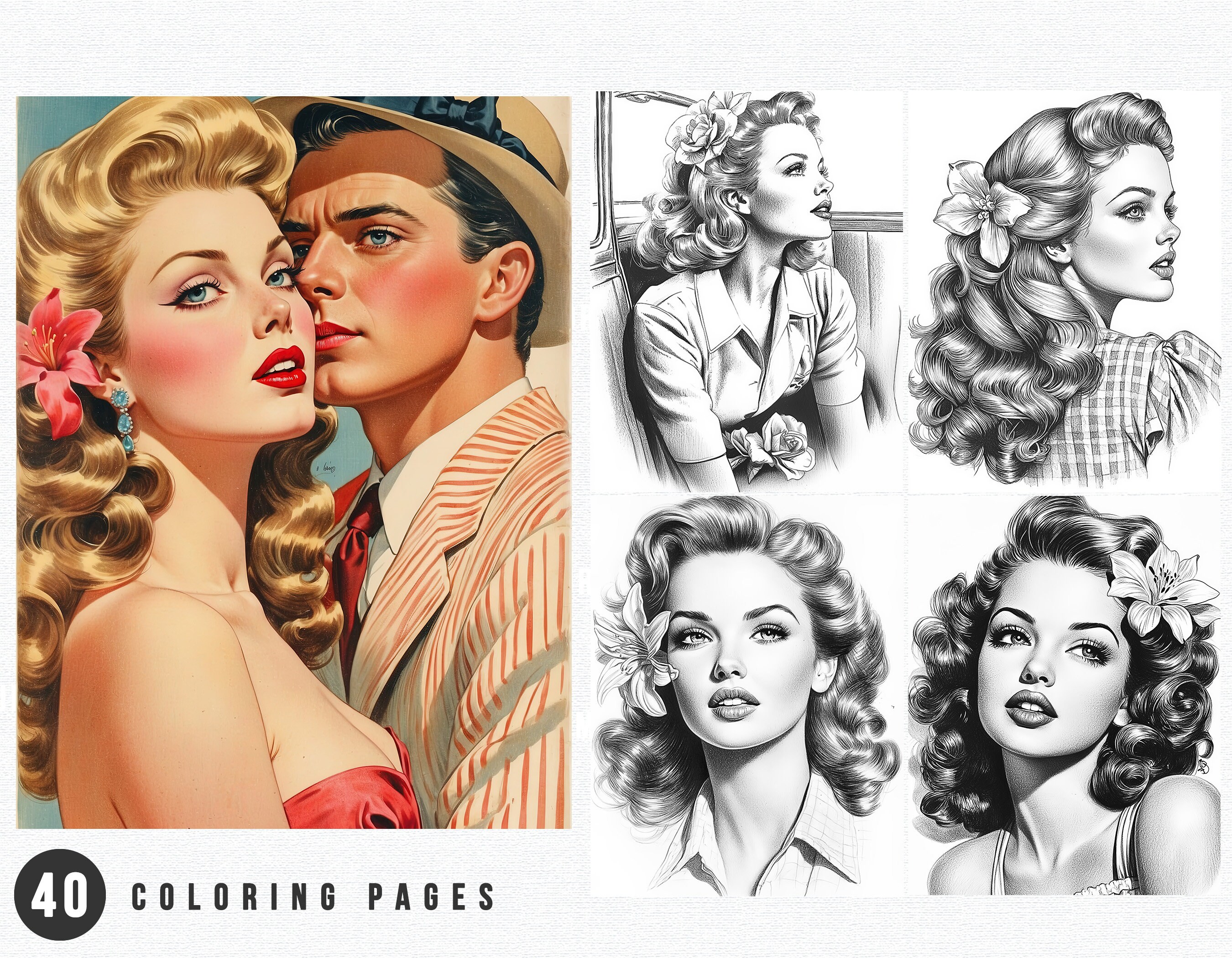1940s Fashion Glamour Coloring Pages Adult Kid Coloring Book Download ...