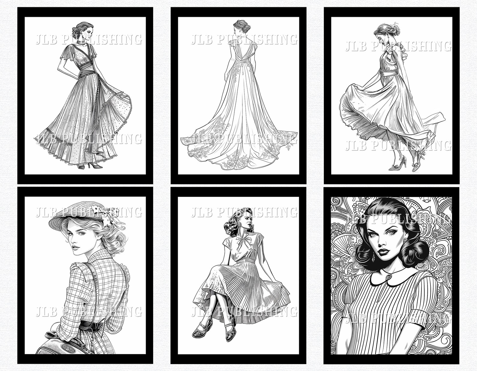40 Fashion Flashback 1930s Grayscale Coloring Pages Adult Coloring Book ...