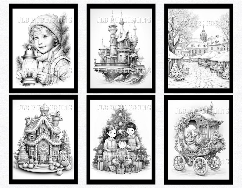 50 Grayscale Vintage Christmas Coloring Pages Adult Coloring Book ...