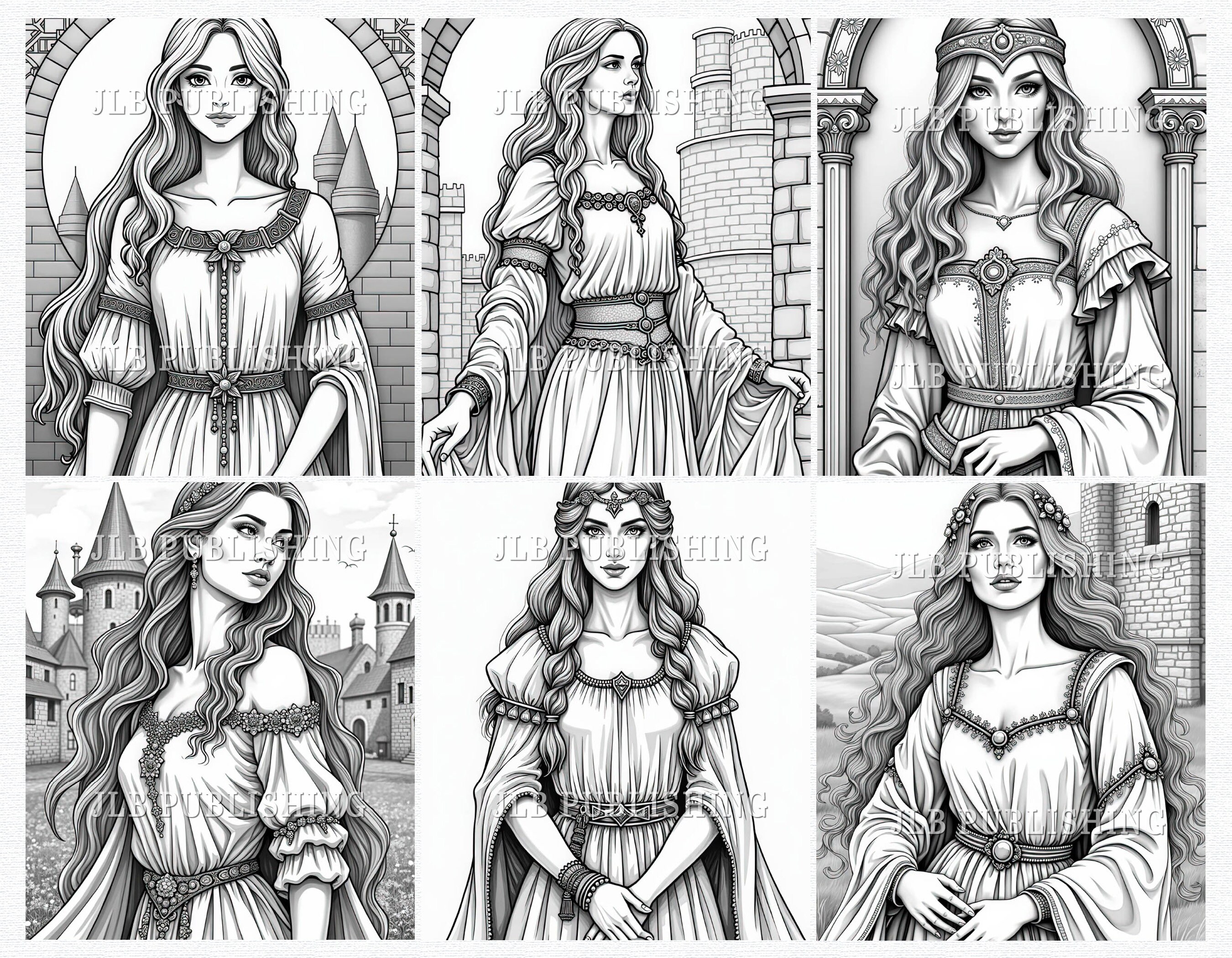 40 Grayscale Medieval Beauties Coloring Pages | Adult Coloring Book ...