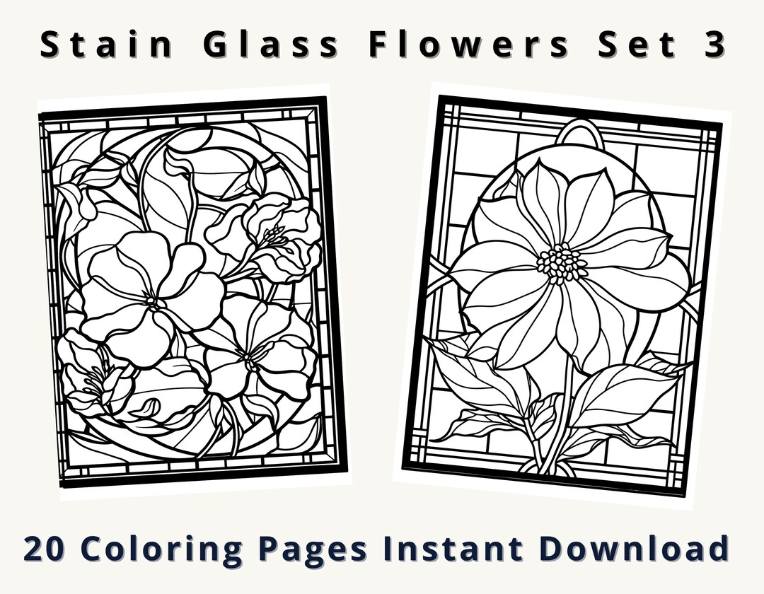 20 Stain Glass Flowers Set 3 Coloring Pages | Adult Coloring Book ...