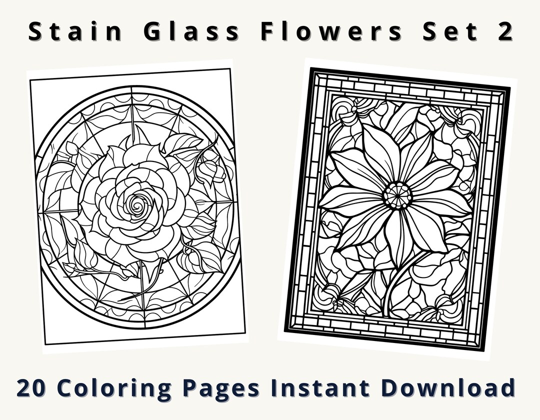 20 Stain Glass Flowers Set 2 Coloring Pages | Adult Coloring Book ...