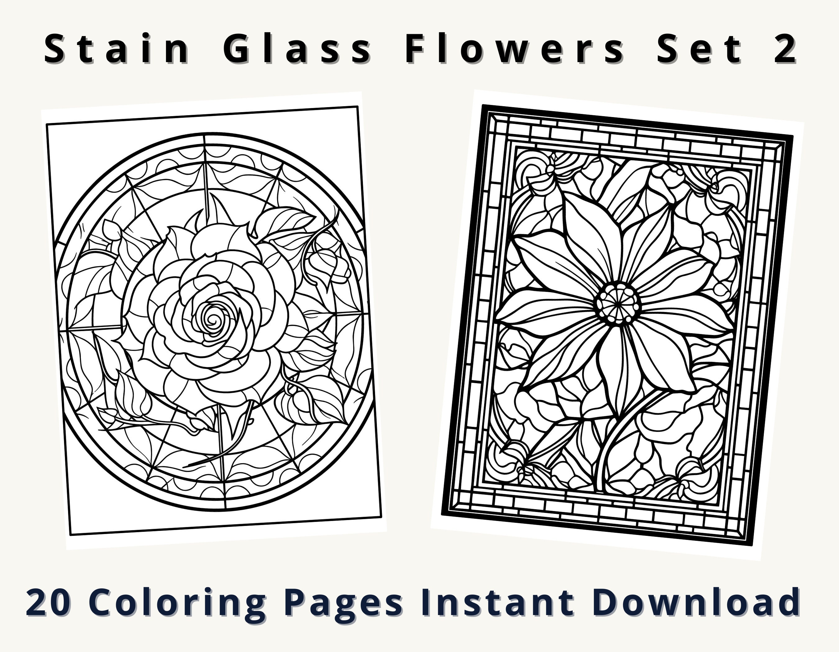 20 Stain Glass Flowers Set 2 Coloring Pages | Adult Coloring Book ...