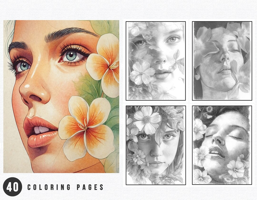 40 Beautiful Faces Grayscale Coloring Pages | Adult Kid Coloring Book ...