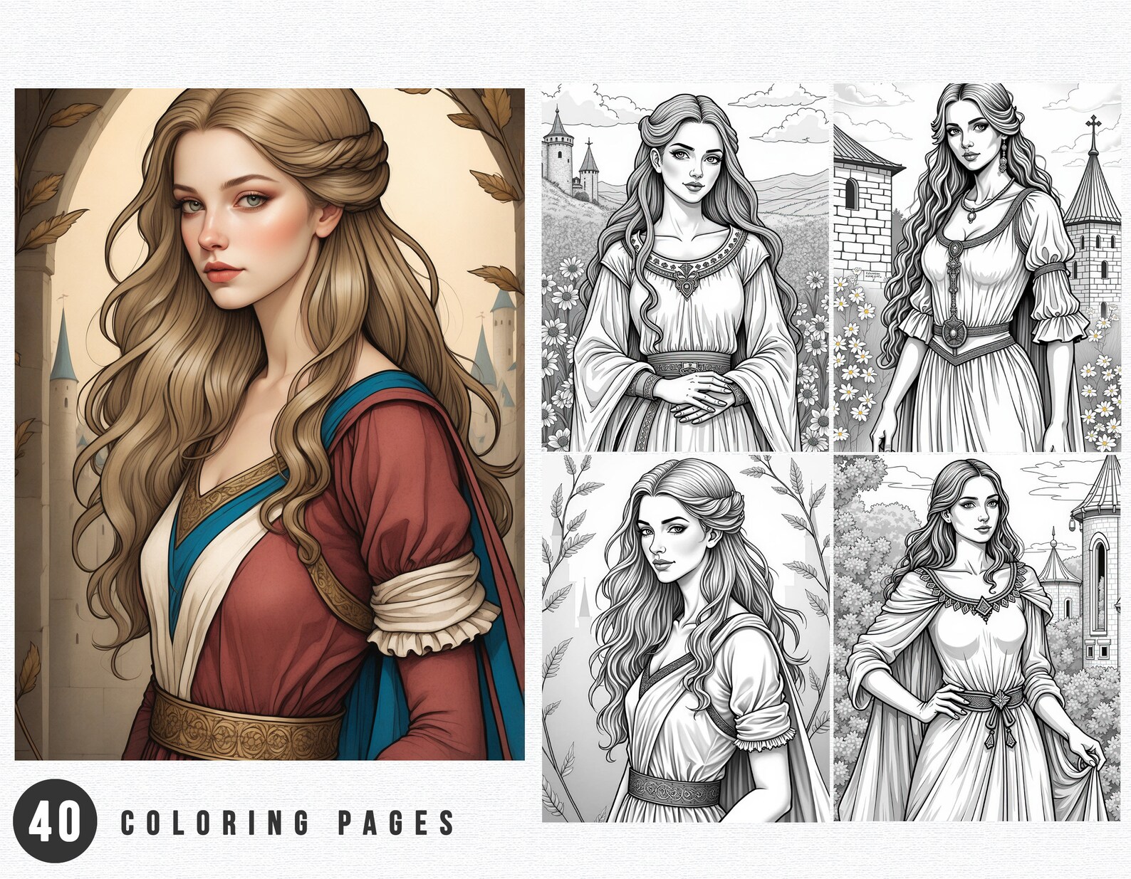 40 Grayscale Medieval Beauties Coloring Pages | Adult Coloring Book ...