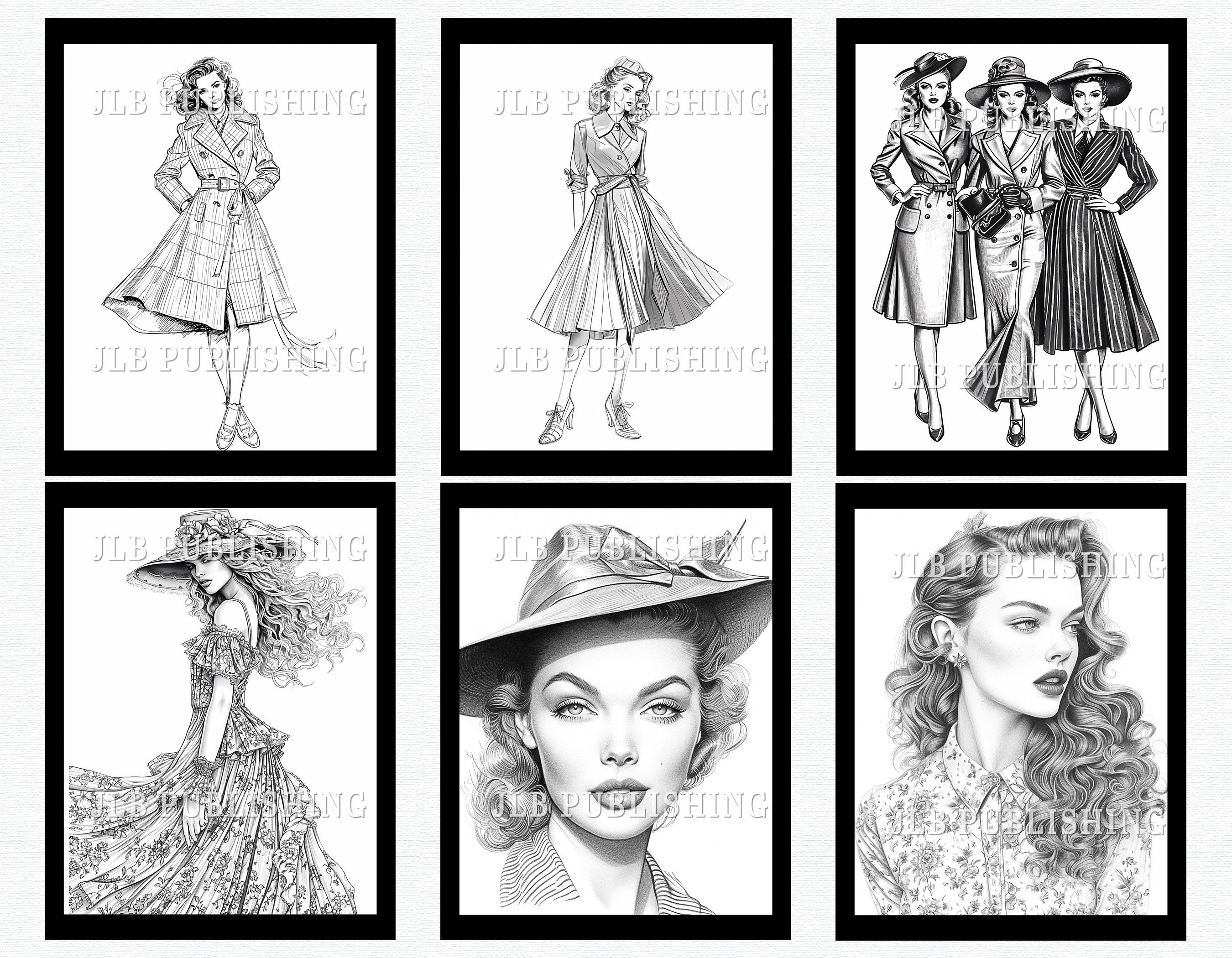 40 Fashion Flashback 1940s Grayscale Coloring Pages | Adult Coloring ...